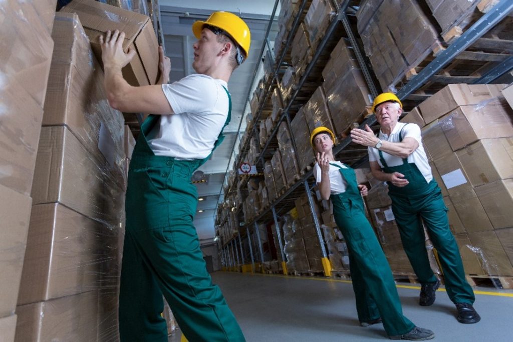 Warehouse block stacking with signs, labels and line marking