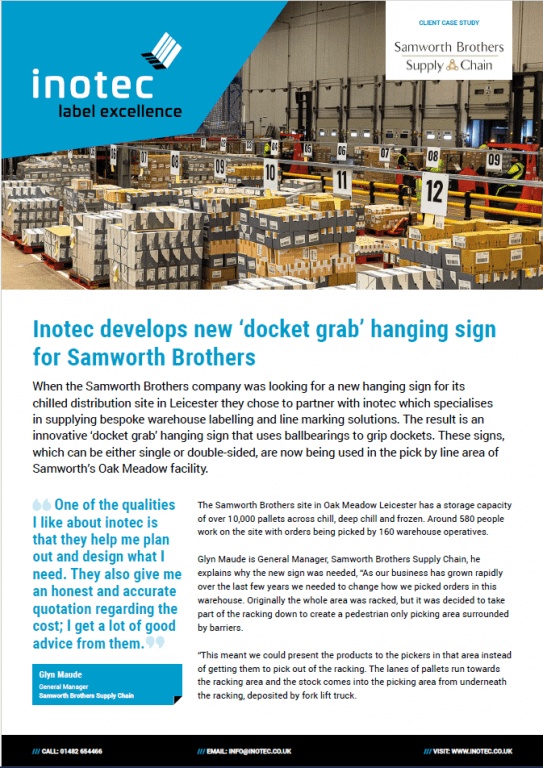 inotec develops warehouse hanging sign for Samworth Brothers